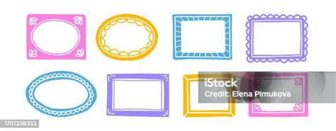 간단한 손으로 그린 액자를 색칠하십시오 낙서 사진 프레임 세트입니다 빈 손으로 사각형 직사각형 및 원을 그렸습니다 그림 테두리를 낙서합니다 흰색 배경에 분리된 벡터 낙서