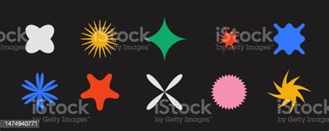 추상 별과 꽃 모양 컬렉션입니다 스위스 또는 바우 하우스 스타일의 원시 기하학적 형태 잔인한 요소는 포스터 배너 콜라주를 위해 설정됩니다 벡터 기호입니다 Brutalism에