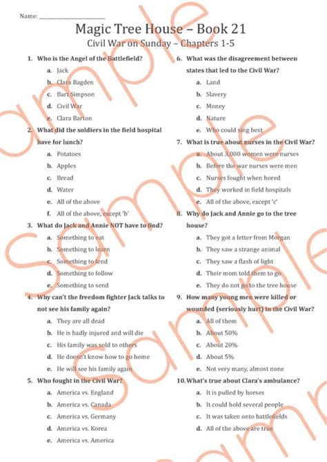 21 Civil War On Sunday Magic Tree House Comprehension Quiz Set By