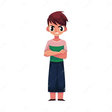 Frowning Angry Little Boy Standing With Arms Crossed On Breast Stock