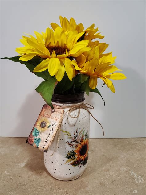 Mason Jar Decor Sunflower Decor Farmhouse Decor Decoupaged Jar Hand