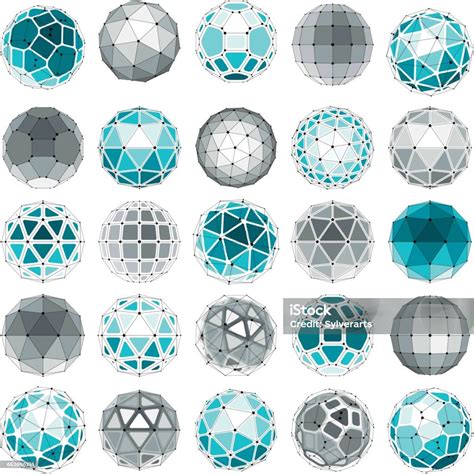 연결 된 선 및 점 3d 기하학적 와이어 프레임 모양으로 벡터 낮은 폴 리 구형 개체의 집합입니다 관점 삼각법 삼각형 사각형 및