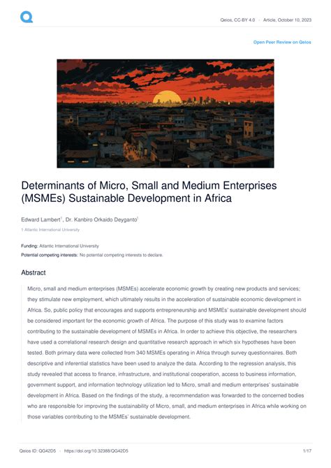 Pdf Determinants Of Micro Small And Medium Enterprises Msmes Sustainable Development In Africa