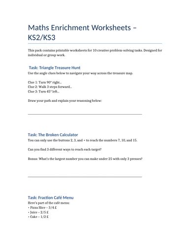 Maths Enrichment Task Pack 2025 Ks2 Ks3 Puzzles Problem Solving Worksheets Quiz And Teacher