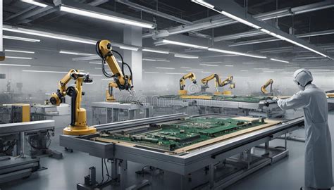 A Sleek Futuristic Factory Scene Featuring A Robotic Arm Carefully Assembling Circuit Boards On