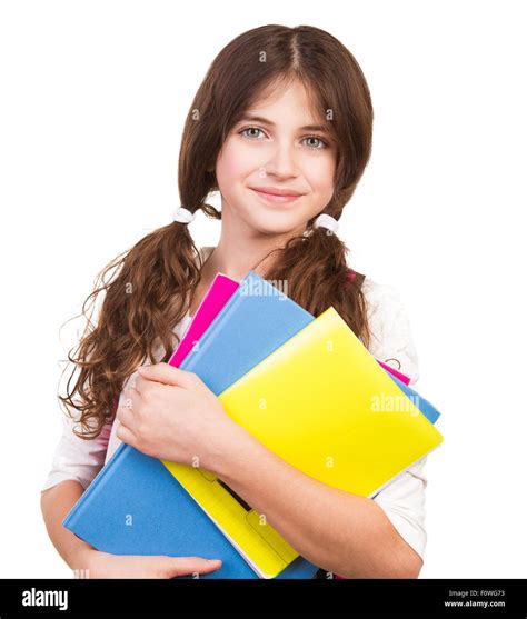 Portrait Of Cute Brunette Schoolgirl Holding In Hands Three Colorful