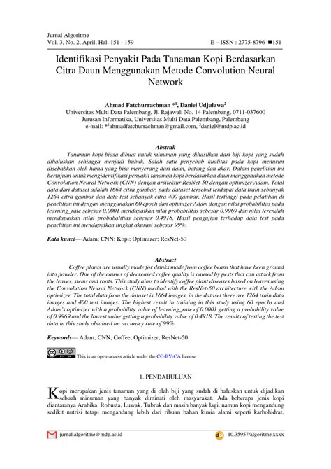 Pdf Identifikasi Penyakit Pada Tanaman Kopi Berdasarkan Citra Daun Menggunakan Metode