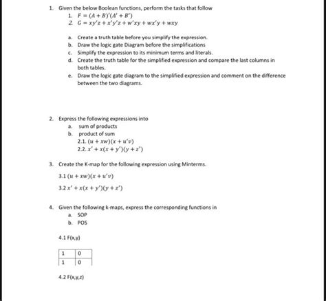 solved 1 given the below boolean functions perform the