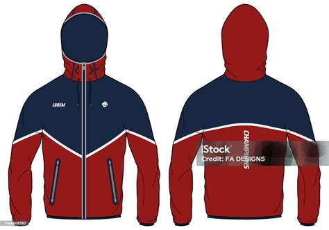 트레일 러닝 윈드히터 후드티 재킷 디자인 플랫 스케치 일러스트레이션 앞면과 뒷면이 보이는 후드 윈드브레이커 재킷 남성과 여성을 위한 겨울 재킷 등산객용 겨울철 아우터 0명에