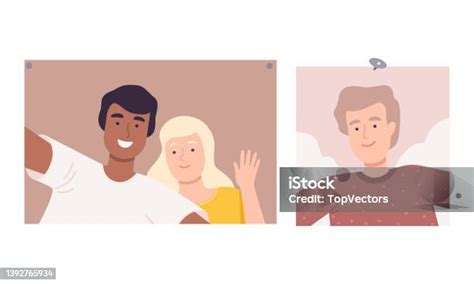 벽 세트에 고정 된 행복한 사람들의 사진 가족 커플의 셀카 초상화와 쾌활한 청년 만화 벡터 일러스트 레이 션 가족에 대한 스톡 벡터 아트 및 기타 이미지 Istock