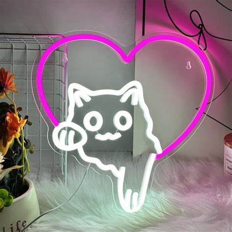 Cat Neon Sign Cute Pink Heart Cat Led Lights Dimmable Animal Neon Sign