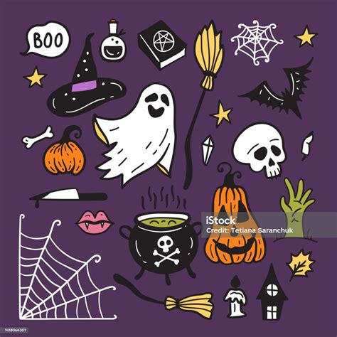할로윈 스티커 스케치 세트의 밝은 컬렉션 손으로 그린 낙서의 큰 세트 가마솥에 대한 스톡 벡터 아트 및 기타 이미지 가마솥 가을 개체 그룹 Istock
