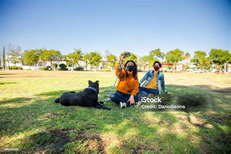 개와 함께 공원에 앉아 셀카를 찍는 커플 18 19세에 대한 스톡 사진 및 기타 이미지 18 19세 20 24세 2명