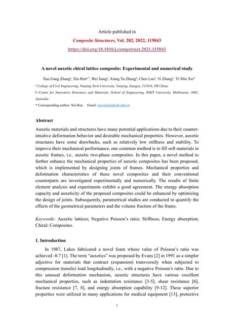 Pdf A Novel Auxetic Chiral Lattice Composite Experimental And