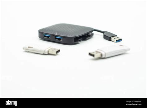External USB Hub And Usb Flash Drives On White Background Stock Photo Alamy