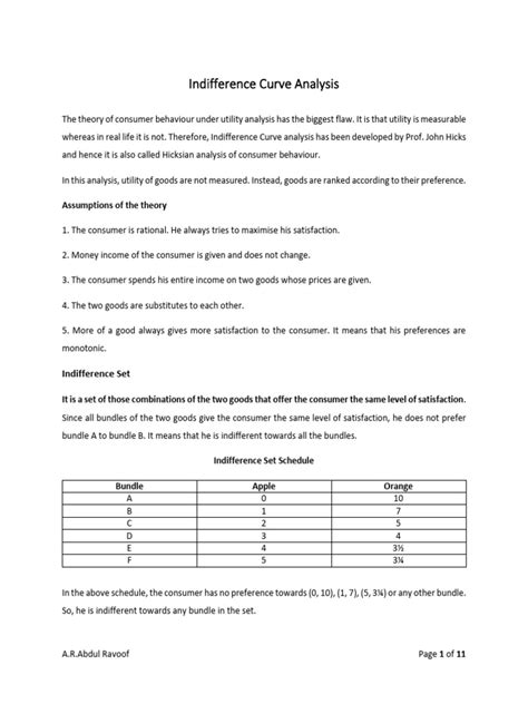 Indifference Curve Analysis Pdf Utility Consumers