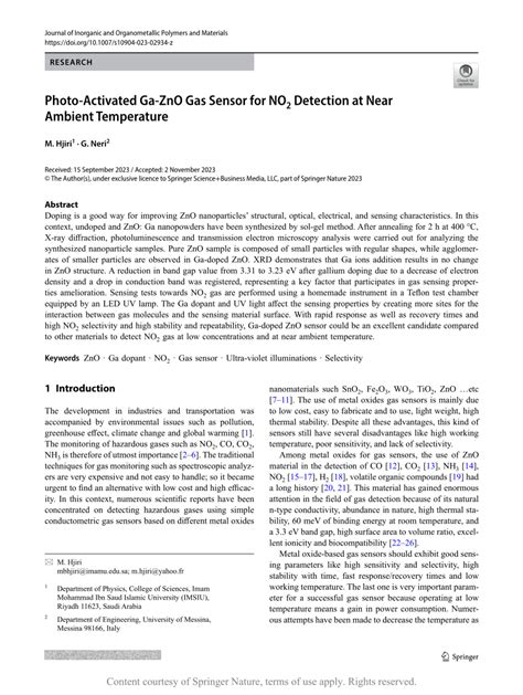Photo Activated Ga Zno Gas Sensor For No2 Detection At Near Ambient Temperature Request Pdf