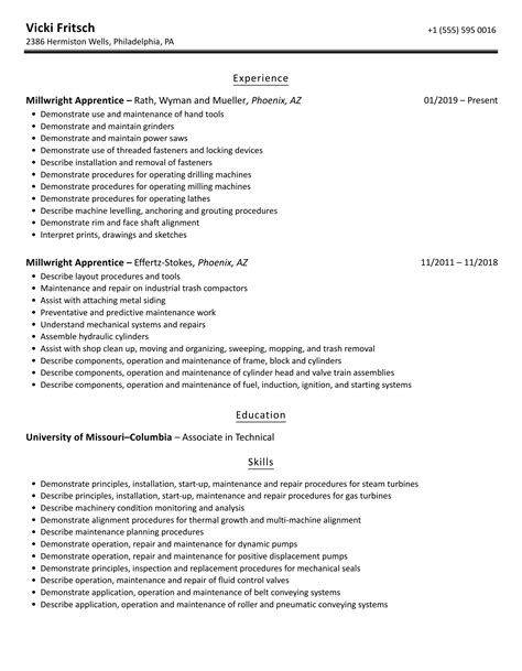 Millwright Apprentice Resume Samples Velvet Jobs