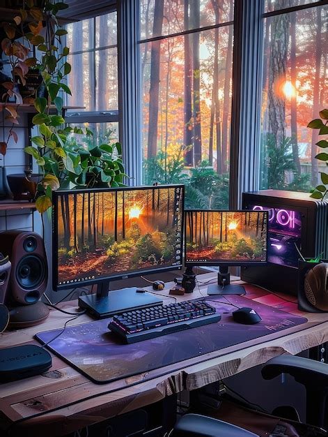A Computer Desk With Two Monitors And A Keyboard Premium Ai Generated Image
