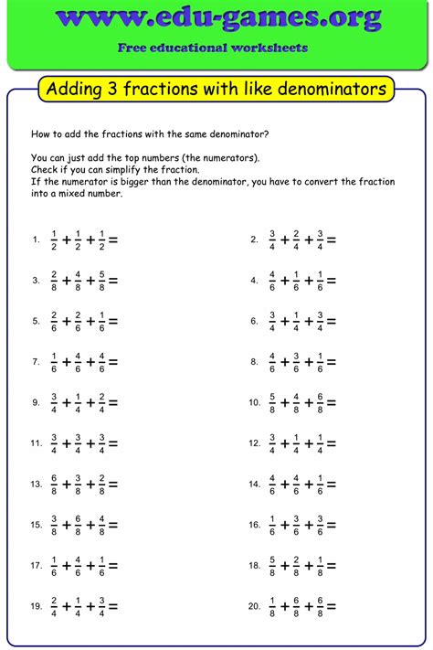 Adding Fractions With Different Denominators Worksheet Easy Helen Stephen S Addition Worksheets