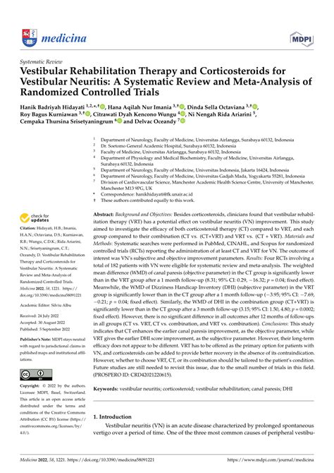 Pdf Vestibular Rehabilitation Therapy And Corticosteroids For Vestibular Neuritis A