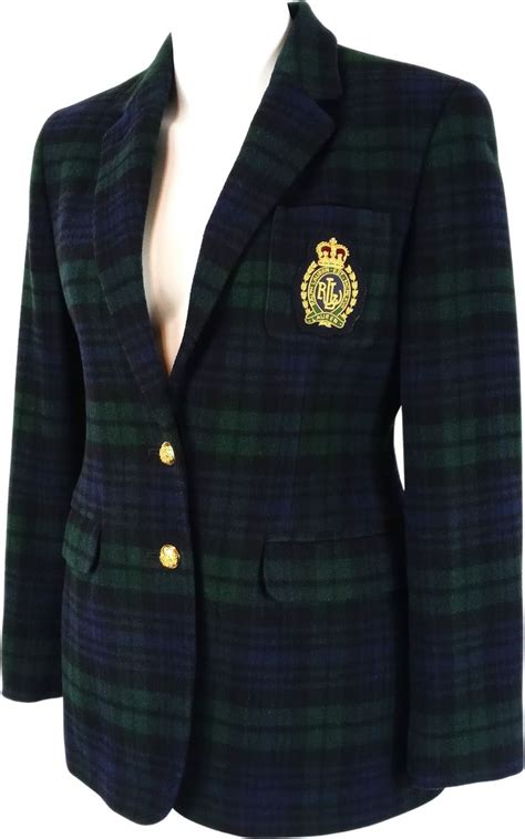 Vintage 90s Black Watch Plaid Crest Pocket Cashmere Blazer By Ralph