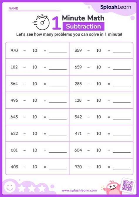 Subtracting 10 From 3 Digit Numbers Horizontal Timed Practice — Printable Math Worksheet