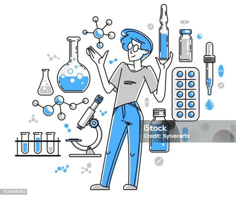 제약 연구 벡터 일러스트 레이 션 신약 의학 화학자 직업 생화학 제약에 종사하는 과학자 개성 개념에 대한 스톡 벡터 아트 및