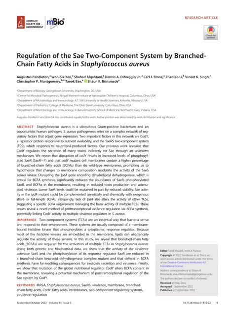 Pdf Regulation Of The Sae Two Component System By Branched Chain