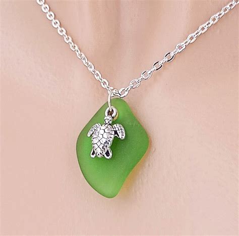 Green Sea Turtle Necklace Silver Cable Chain With Genuine Sea Glass
