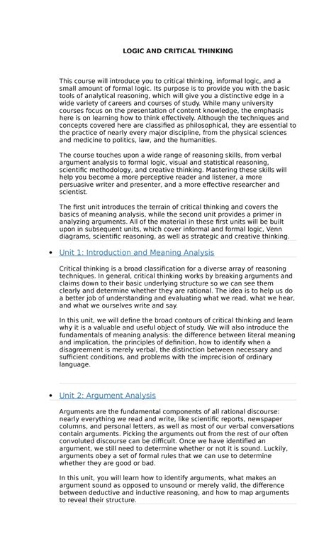 Notes In Logic And Critical Thinking Logic And Critical Thinking This