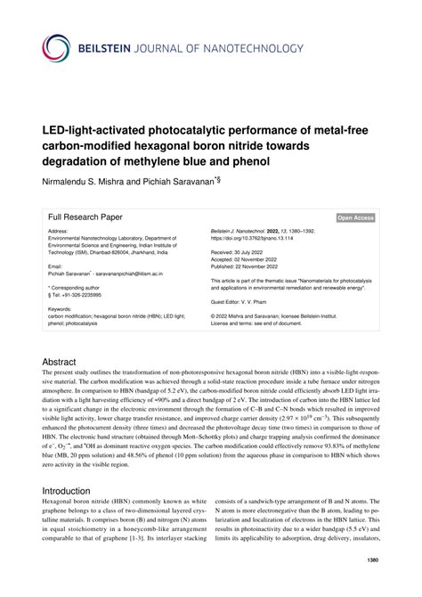 Pdf Led Light Activated Photocatalytic Performance Of Metal Free Carbon Modified Hexagonal
