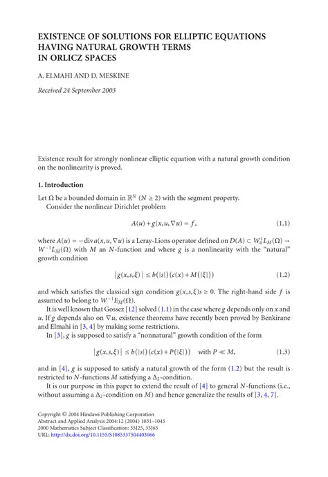 Pdf Existence Of Solutions For Elliptic Equations Having Natural Growth Terms In Orlicz Spaces