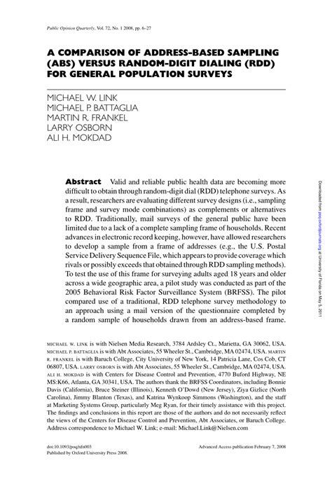 Pdf A Comparison Of Address Based Sampling Abs Versus Random Digit