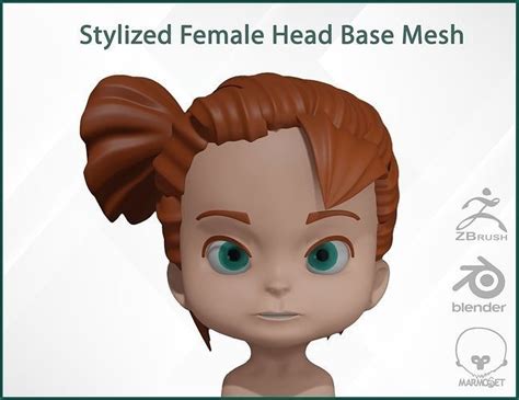 3d Model Female Head Stylized Base Mesh With Hair In Blender Curve Vr