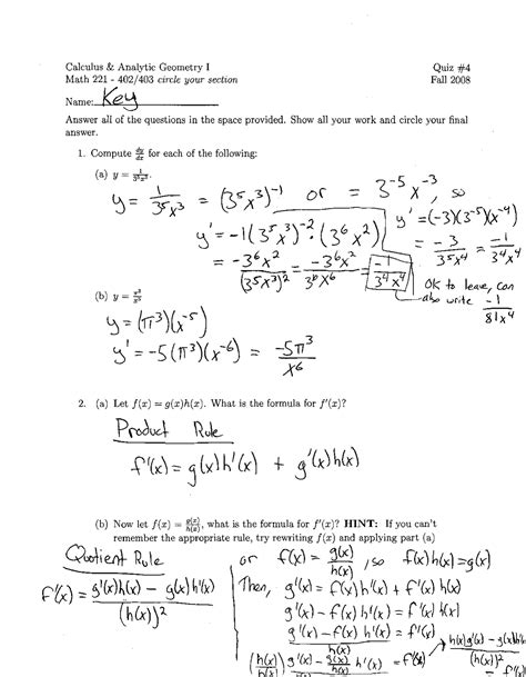 Quiz 4 With Answer Key Calculus And Analytic Geometry Math 221