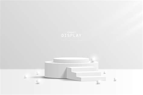 깨끗한 흰색 빈 스튜디오 룸 추상적인 3d 실린더 연단 받침대 또는 사다리 또는 계단 받침대가 있는 쇼케이스를 위한 무대 지상에 빛나는 구체 공 쇼케이스를 위한 무대 제품