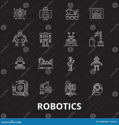Robotics Editable Line Icons Vector Set On Black Background Robotics