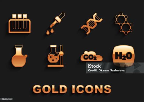 스탠드 분자 화학 공식 H2o 클라우드 Dna 기호 및 파이펫 아이콘의 Co2 배출에 테스트 튜브 플라스크를 설정합니다 벡터