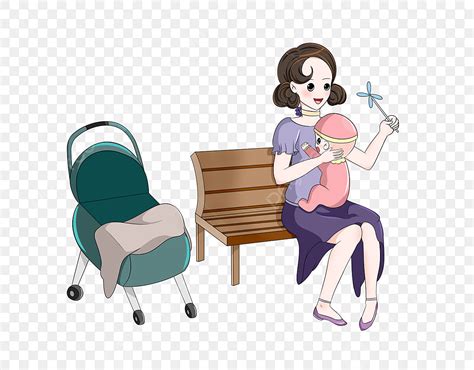 엄마와 아기 일러스트 문자 노란색 의자 파란색 유모차 아름다운 엄마 파란색 유모차 노란색 의자 유모차 Png 일러스트 및