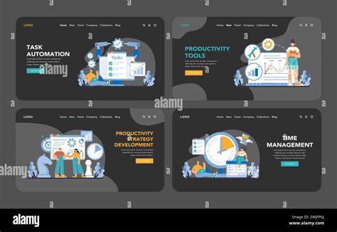 Productivity Boosting Night Or Dark Mode Web Or Landing Page Set