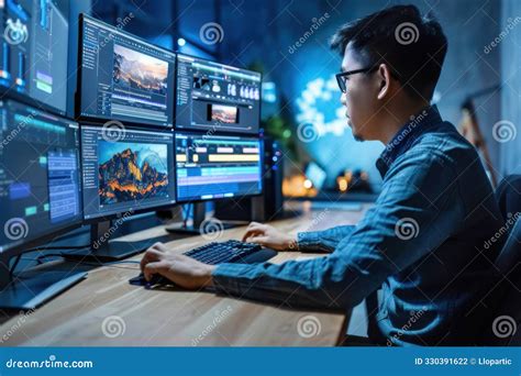 Focused Programmer Working On Code At A Multi Monitor Setup In A Modern