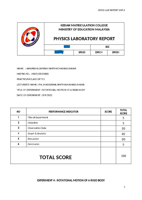 LAB Report PHYSICS EXP 4 Rotational Motion Of A Rigid Body Studocu