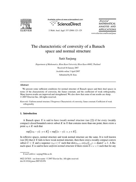 The Characteristic Of Convexity Of A Banach Space And Normal Structure Pdf Banach Space