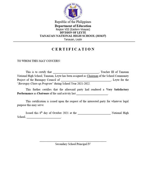 Certification As Chairman Of Community Project Pdf