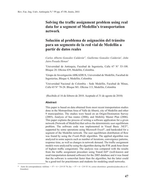 Pdf Solving The Traffic Assignment Problem Using Real Data For A Segment Of Medellins