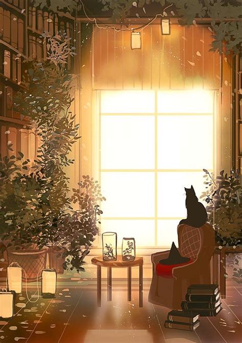 고양이가 책장이 있는 창가 의자에 앉아있는 모습