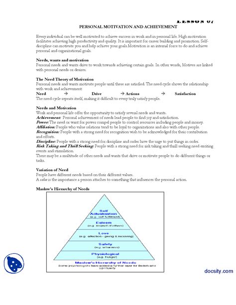 The Need Theory Of Motivation Human Relation Lecture Handout Docsity