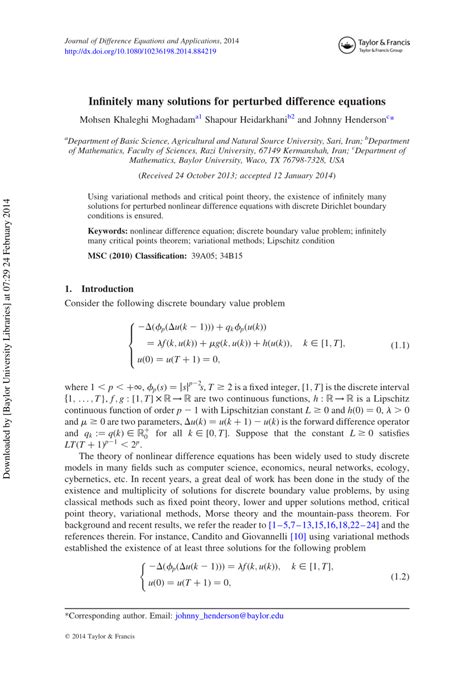 Pdf Infinitely Many Solutions For Perturbed Difference Equations