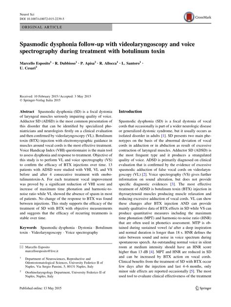 Pdf Spasmodic Dysphonia Follow Up With Videolaryngoscopy And Voice